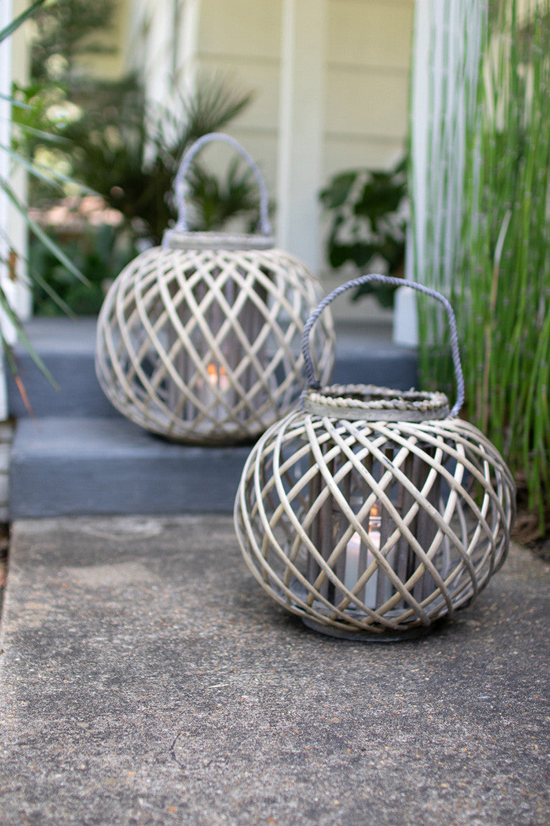 Low Round Grey Willow Lantern With Glass - Large