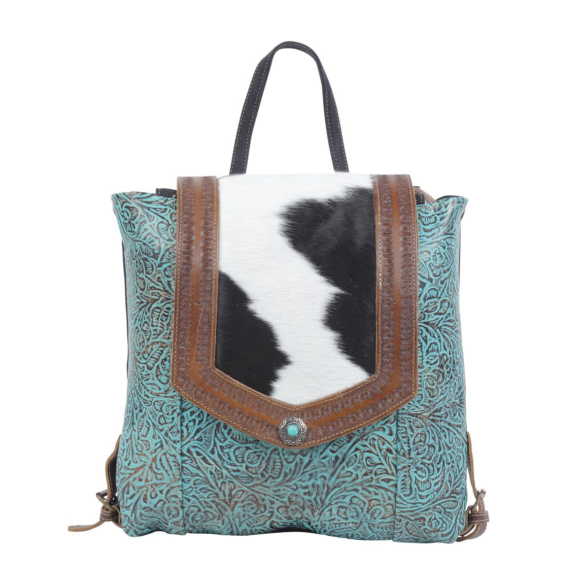 Blue Tales Hand-Tooled Backpack-Unique Leather & Hairon Hide Backpack